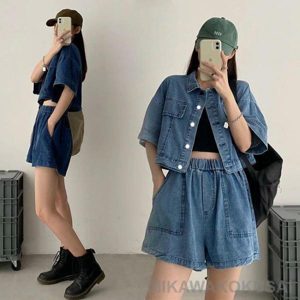 デニム 上下セット 夏 レディース ショートパンツ デニムシャツ 半袖