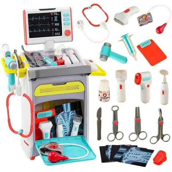 1.豪華なお医者さんごっこ：聴診器、メガネ、ハンマー、ピンセット、血圧計、体温計、薬瓶、はさみ、口腔鏡等21セット 2.21セットのなかで三つ光る響く道具があります。（電池別売り）3.安心して使える、やさしい丸み加工：危険な角にはすべて丸み...