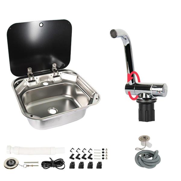 ?RV シンクセット: 完全な RV キッチン シンク キットです - ガラス蓋付きシンク、ホット&amp;amp;コールド蛇口給水パイプ 2 本、排水セット 1 セット、取り付けアクセサリ。 RVでのキャンプやピクニックに出かけるのに最適...