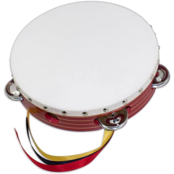 ヤマヨ タンブリン ( 21cm )  赤木枠・金線入 5穴 牛床皮 3色リボン付 タンバリン 野上木工株式会社