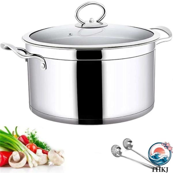 両手鍋 パスタ鍋 半寸胴 深型 ストックポット・ステンレススープポット ガラス鍋蓋付シルバー IH対応 クック ポット 底面3層構造 オール熱源対応 (22CM)