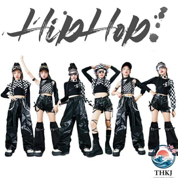 【】黒系 ダンス キッズ 女の子 チェック柄 レザー へそ出し ダンス衣装  ガールズ チェック柄 レザーズボン 長ズボン ダンスウェア 発表会 応援団 イベント ジュニア カッコイイ 普段着 jazz  K-POP オシャレ DANCE ...