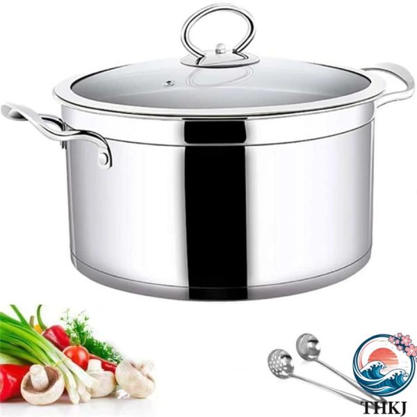 両手鍋 パスタ鍋 半寸胴 深型 ストックポット・ステンレススープポット ガラス鍋蓋付シルバー IH対応 クック ポット 底面3層構造 オール熱源対応 (22CM)
