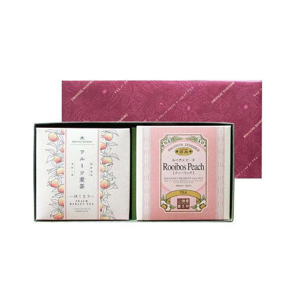 【セット内容】フルーツ麦茶（はくとう）　10ｐ（1/2箱）ルイボスピーチ ティーバッグ3g×5p（小薄箱）※箱入れ、包装込のギフトです。
