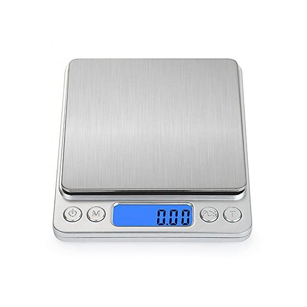 銀色-0.05g~500g/-/-・Color:銀色-0.05g~500g・【サイズ】(約)長12.8cm×幅10.5cm×厚1.9cm　【材質】金属、ABS　【使用電池】単4電池2本・【セット内容】スケール本体×1、透明カバー(計量皿)×...