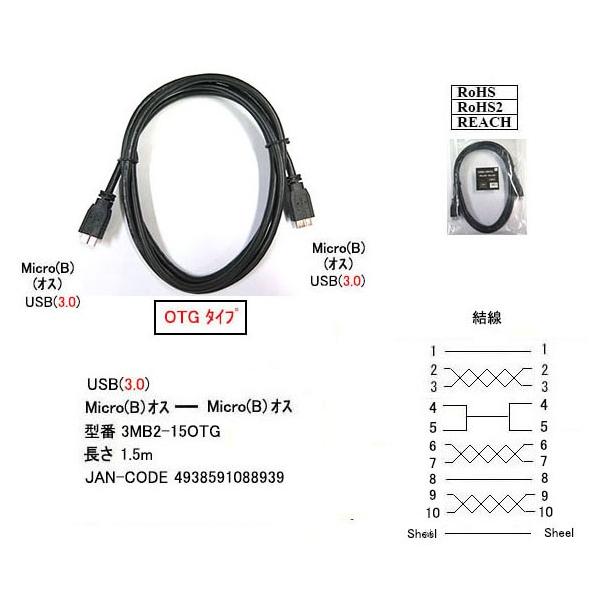 ■製造元/商品型番：カモン製 3MB2-15OTG<BR>■仕様：Microケーブル(USB3.0/オス⇔オス)/OTGタイプ<BR>■長さ：1.5m <BR>■ケーブル色：ブラック<BR>■...