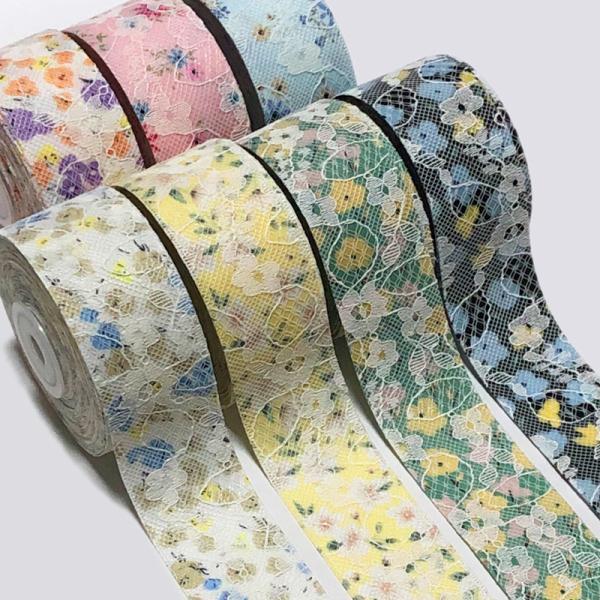 全7色　花柄×レース ファブリックリボンリボン幅：約3.8ｃｍ（38ｍｍ）☆ 数量1で1ｍ ☆ご希望のカラーをお選びくださいA： 白×オレンジ系B： 白×青系C： ピンクD： 黄色E： 緑F： 水色G： 黒※お色表記は管理用で、実物のお色と...