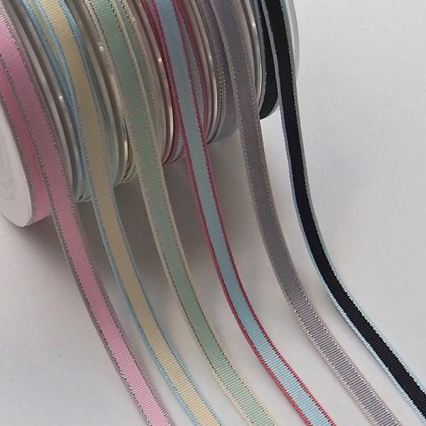 全6色　バイカラー　ファブリックリボン　シルバーラインリボン幅：約0.6ｃｍ（6ｍｍ）☆ 数量1で1ｍ ☆ご希望のカラーをお選びくださいA： ピンク 2mB： 黄色 2mC： きみどり 2mD： 水色 2mE： グレー 2mF： 黒 2m※...