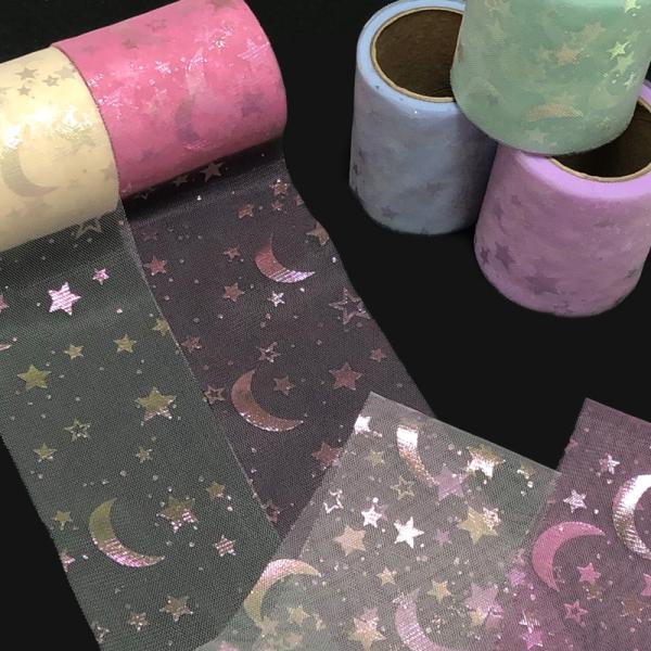 全5色 星 月 スター ラメ チュールリボン 無地 60ｍｍ幅リボン幅：  約6ｃｍ（60ｍｍ）☆ 数量1で1ｍ ☆ご希望のカラーをお選びくださいA： アイボリーB： ピンクC： きみどりD： 青E： 紫※お色は管理用で、実際のお色とは異な...