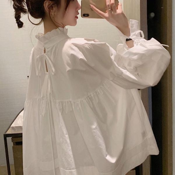 トップス シャツ ブラウス 袖あり 長袖 ボリューム袖 ハイネック ワイド フリル リボン バックシャン バックコンシャス 大人可愛い きれいめ シンプル