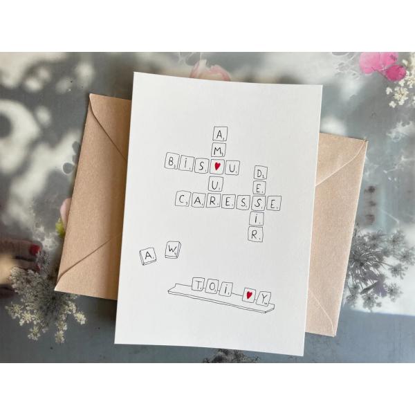 Papillon Papillonnage  / Mots croises 　　ダブルメッセージカード　(二つ折り)　クラフト封筒クロスワード パリ在住のシビルが自分の中のちいさな感覚や事柄をブログに書き、シンプルなインクのイラストに短いメ...