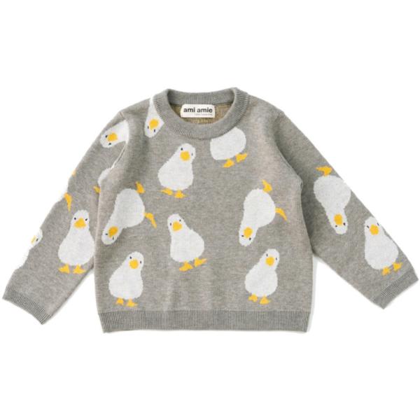 ami amie アミアミ“アミアミ”のアヒルいっぱいプルオーバー・ウール混紡の暖かなニット素材・あひるの総柄デザインが印象的な1枚・ゆるいタッチのアヒルが目を惹きます・1枚でもレイヤードでもおすすめ関連キーワード:子供服 キッズ トドラー...