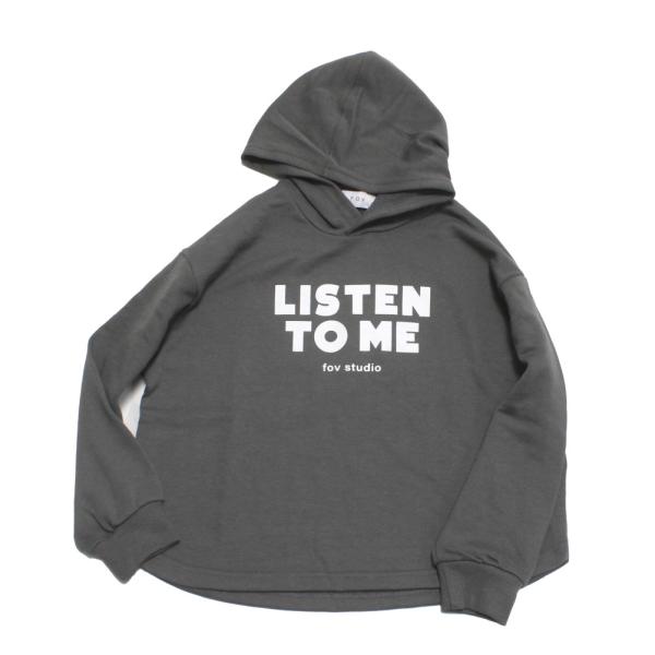 FOV フォブ“フォブ”のLISTEN TO ME パーカー・着回しやすいプリントデザインのプルオーバー・バックはシンプルな無地・ポリエステル混の裏毛を使用・乾きが速く、デイリーウェアとして活躍する1着model 杢グレー　110cm / ...
