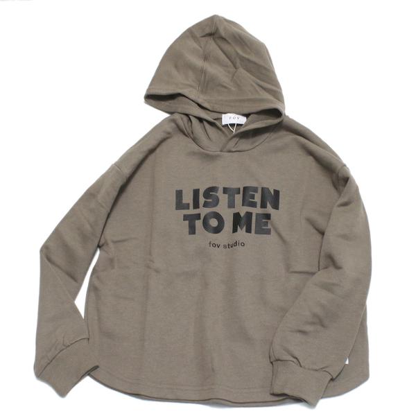 FOV フォブ“フォブ”のLISTEN TO ME パーカー・着回しやすいプリントデザインのプルオーバー・バックはシンプルな無地・ポリエステル混の裏毛を使用・乾きが速く、デイリーウェアとして活躍する1着model 杢グレー　110cm / ...