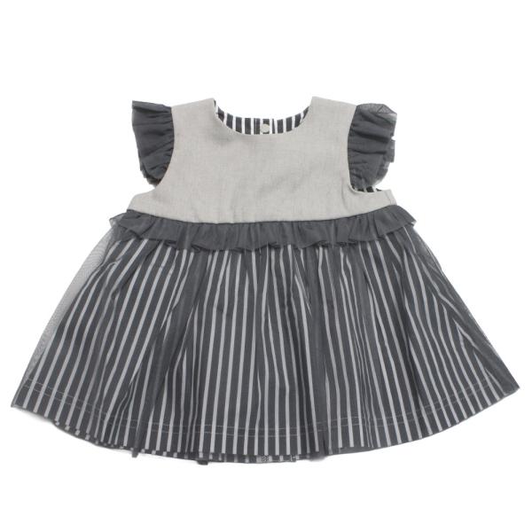 maarook マルーク“マルーク”の杢ツイルノスタルジック・ストライプbabyドレス・スナップボタンでお着替え簡単なエプロンドレス・いつものお洋服に重ねて華やかに・モノトーンの花柄やストライプにチュールを重ねたシックなデザイン・オケージョ...