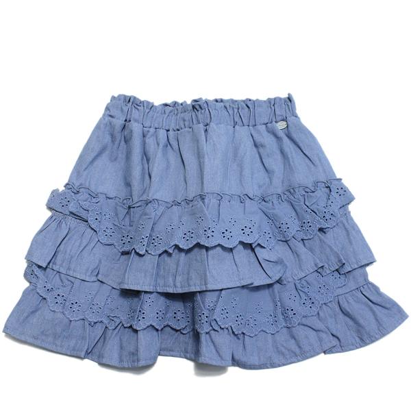 petit main プティマイン“プティマイン”の【リンク】レースフリルスカート・ガーリーなティアードデザインのスカート・軽い着心地でインナーパンツ付きなのも◎・身生地はダンガリー素材を採用・デニム調でコーデを選ばないアイテムです関連キー...