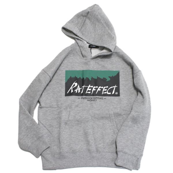 RAT EFFECT ラットエフェクト“ラットエフェクト”のRATEFFECT　MOUNTAIN裏起毛フーディ・ゆとりのあるビッグシルエットフーディ・軽くて暖かな着心地の裏起毛を使用・フロントにはアウトドアライクなプリントをON・ストリート...