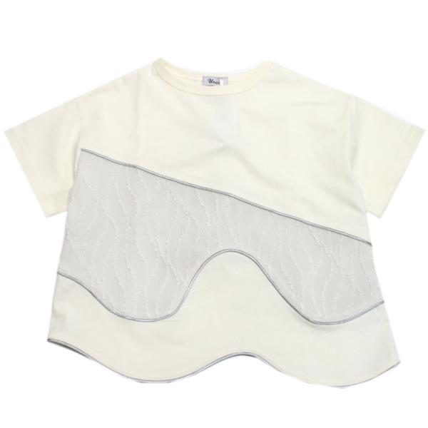 UNICA ユニカ“ユニカ”のキラキラライン切替Tシャツ・波打ったような裾のデザインがユニークなTシャツ・ゆとりのあるワイドシルエット・柔らかな肌触りの天竺ボディ・切替部分にもウェーブ柄の生地を使用・銀糸を折り込んだテープの直線と曲線が個性...