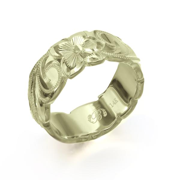 お問合せ品番：GB8A-A20◆商品名14Kグリーンゴールド バレル 幅8mm 厚み2mm スクロール カットアウト リング◆こちらはオーダーメイド商品です入金確認後に、ハワイの工房に製作を依頼する受注生産の商品です。ご注文後のキャンセルは...