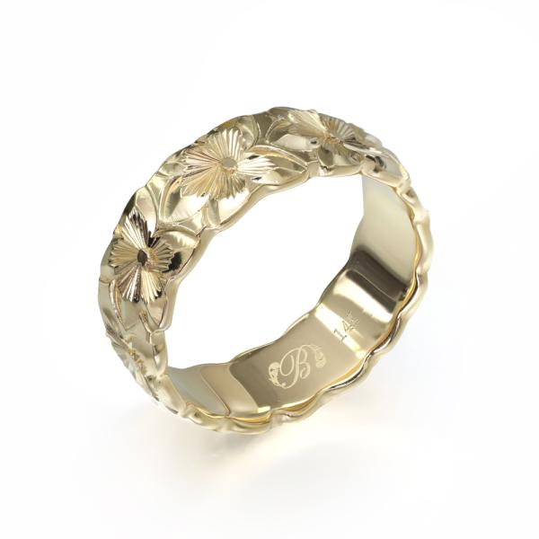 お問合せ品番：YB6D-A15◆商品名14Kイエローゴールド バレル 幅6mm 厚み1.5mm プルメリア カットアウト リング◆こちらはオーダーメイド商品です入金確認後に、ハワイの工房に製作を依頼する受注生産の商品です。ご注文後のキャンセ...