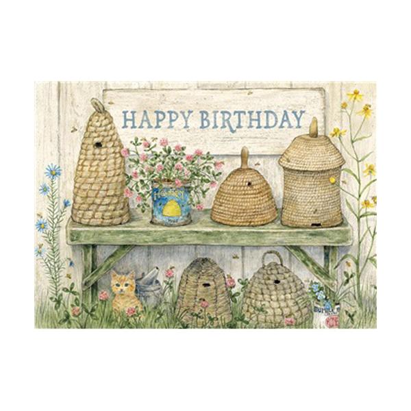 みつばちのお家の横でハッピーバースデーバズリング♪かわいい猫のバースデーカード■アーティスト：ボニー・ヘップ・フィッシャー■二つ折りのお見舞いカード■中の文字「HOPING YOUR BIRTHDAY'S BUZZING WITH HAPP...