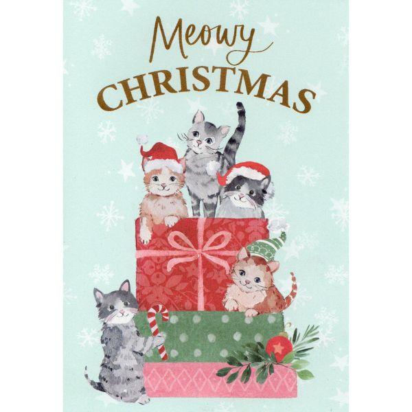 プレゼントはにゃにかニャ〜♪かわいい猫ちゃんのクリスマス■アーティスト：ショーナ・スチュワート■二つ折りのクリスマスカード■中の文字「Merry Christmas and Happy New Year... With warm and f...