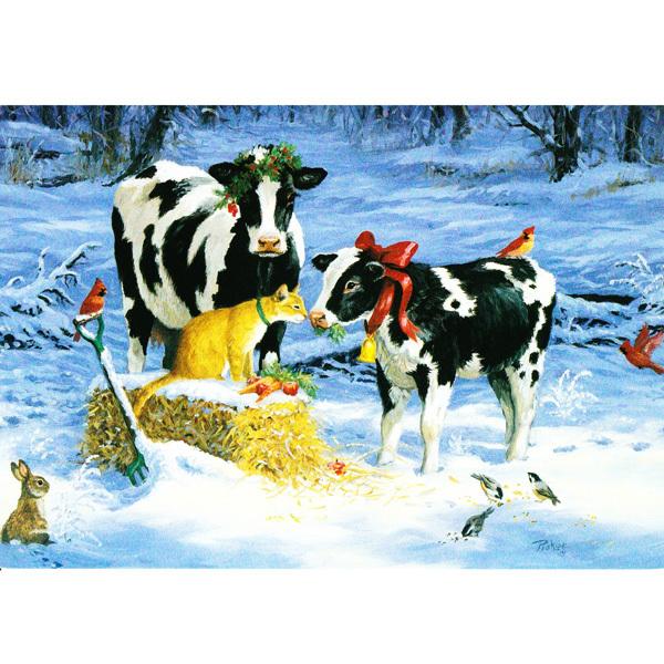 牛さんの親子とクリスマスのごあいさつ幸せなひととき■アーティスト：Linda Picken■中の文字「Wishing you fun times and friend times and lots of good cheer for a v...