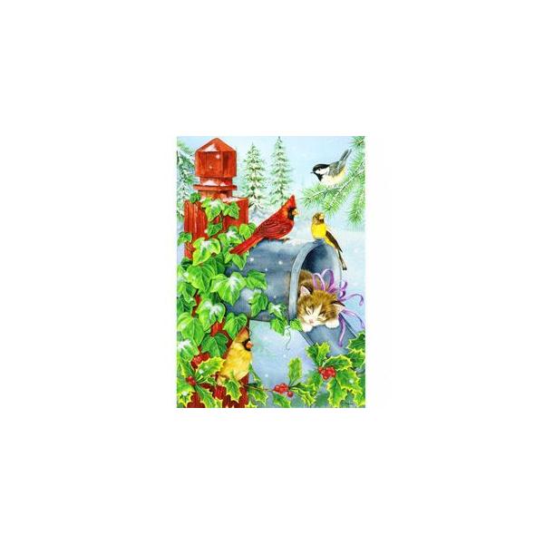 鳥さんたちに囲まれてメールボックスの中で見るクリスマスの素敵な夢■アーティスト：ジェーン・メイディ■二つ折りのクリスマスカード■中の文字「It's just a simple little wish but it sure holds lo...