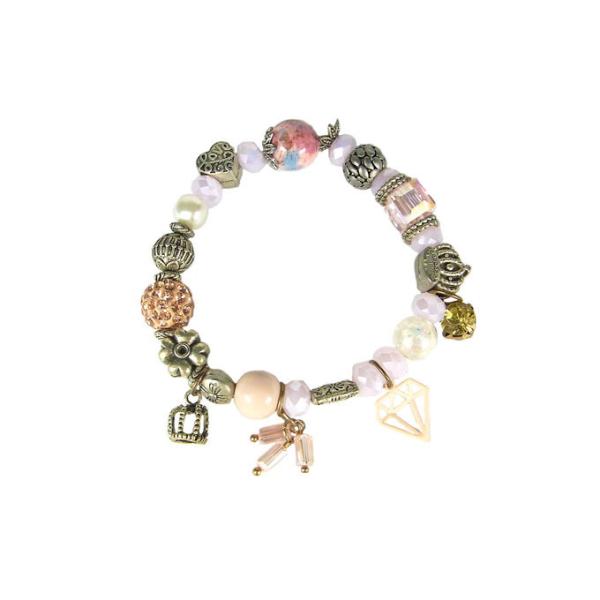 ダイヤやフラワー、ハート、王冠など、人気のラッキーチャームが散りばめられたオリエンタル調のブレスレット。ゴム仕様のフリーサイズだから着脱もラクチン。ファッションを選ばず気軽に使えることに加え、他のブレスレットとの重ね付けも楽しめます。【素材...