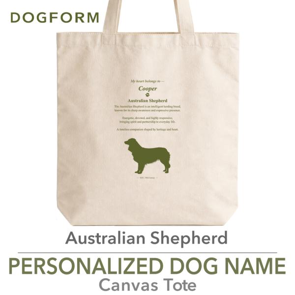 DOGFORM Personalized Australian Shepherd Canvas Tote Bag.A minimalist tote featuring a clean Australian Shepherd dog sil...