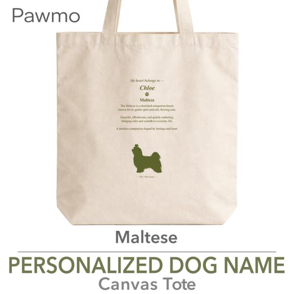 Pawmo Personalized Maltese Long Coat Canvas Tote Bag.A minimalist tote featuring a clean Maltese Long Coat dog silhouett...