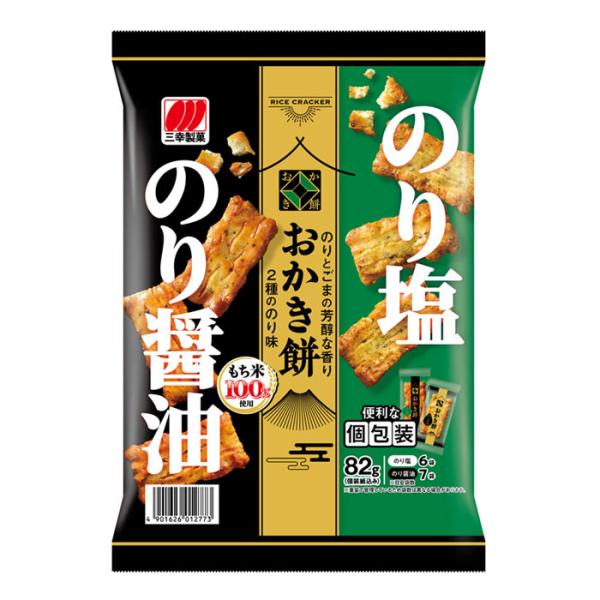 風味豊かな青のり・アオサ・焼きのりの3種類ののりと、香ばしいごまを生地に練り込んだ三幸製菓 おかき餅 2種ののり味 82g。もち米100％の生地ならではのほろっと軽やかな食感と、お米本来の旨みが楽しめます。「のり塩」と「のり醤油」の2種類を...