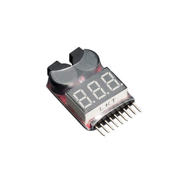 低電圧アラームブザー付小型デジタル電圧計リチウムポリマーバッテリー使用時の必携アイテム！バッテリーアラーム8Sは、通常の電圧計としても使えますが、特徴である警告ブザーは、お使いのRCモデルに搭載することで真価を発揮します。本体は小型軽量でR...