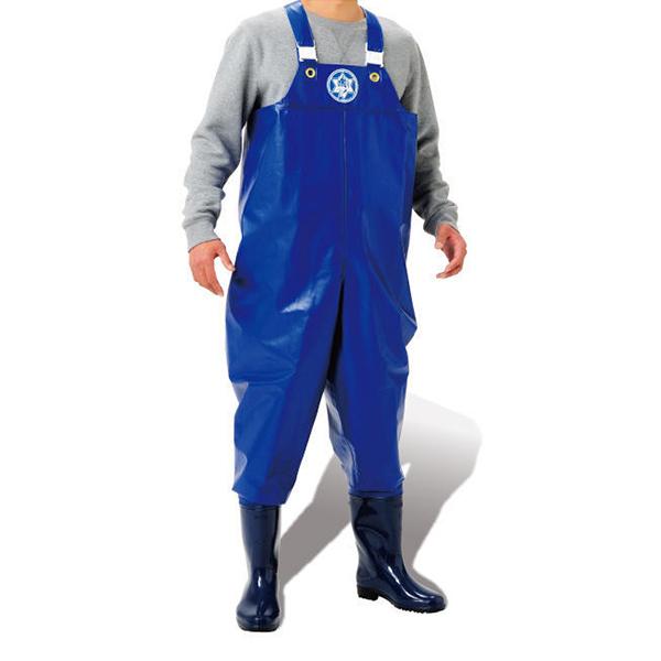 【直送品】【代引不可】とても動きやすい胴付長です。脇丈：136.0cm（26.0cmの場合）仕様：ズボン部　　　・0.37mm厚 / 片面PVC生地　　　ブーツ部　　　・PVCブーツカラー：マリンブルー日本製