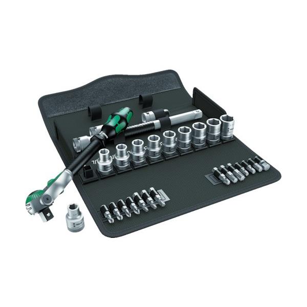 【直送品】【代引不可】■特長・テキスタイルボックス収納仕様で従来のメタルケースに比べて軽く、また折りたたみ式のためスペースをとりません。・軸部の空回り機能により、工具の回転をスムーズに行えます。・ヘッドの角度も調整可能です。・ギア数が多いた...