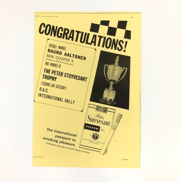 モンテカルロラリーでミニクーパーSにアルトーネンが乗り優勝したことを称えるポスター。42cm×29.6cmClassic Mini Cooper S RAC International Rally Vintage Car Race Post...