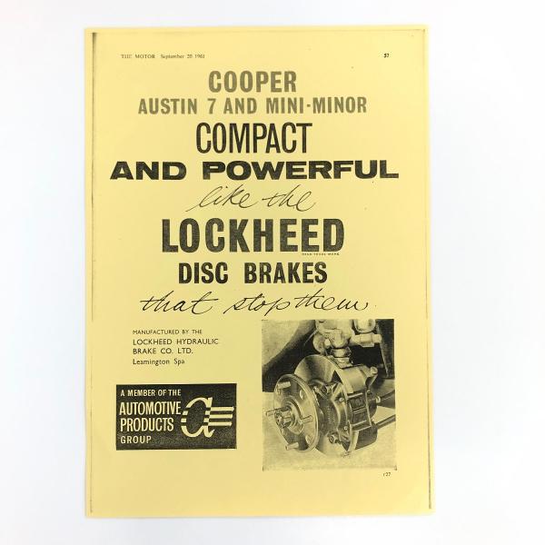 ロッキードのディスクブレーキの広告ポスター。42cm×29.6cmClassic Mini Cooper Austin 7 Mini Minor Vintage Car Race Poster
