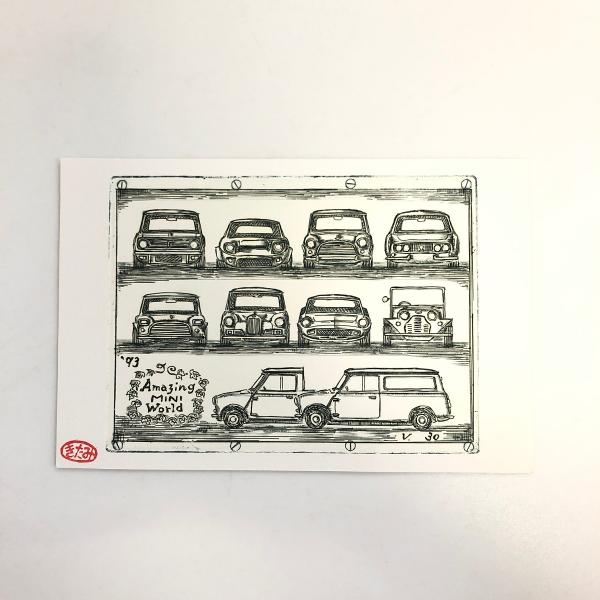 クラシックミニやミニのファミリーの車たちが10台描かれています。15cm×10cm裏は無地の白です。はがきではございません。紙製です。Classic Mini Moke Pick up Traveller Car Printmaking A...