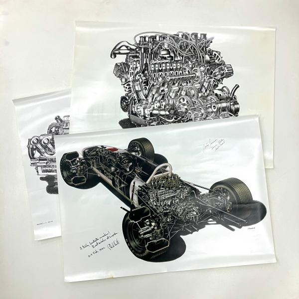 ホンダ　3枚セット　ヴィンテージポスターRA 273Eエンジン　3リッター・V12RA 272Eエンジン　1.5リッター・V12＜猪本義弘＞古いもので、白い部分、裏面に汚れ有。写真のものが現品です。41.8cm×59.2cmVintage ...