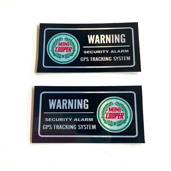 WARNING SECURITY ALARM GPS TRACKING SYSTEMクラシックミニにおすすめな、警告ステッカーGPS追跡機能がついていますというメッセージです。3.2cm×6.2cm