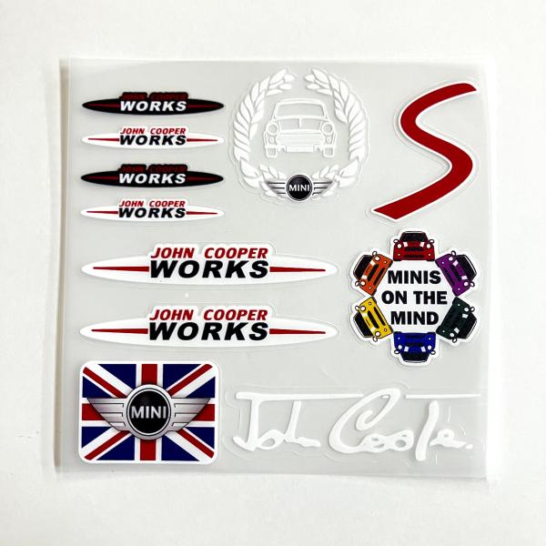 JOHN COOPER WORKS ステッカー小4枚：8mm×4.3cmJOHN COOPER WORKS ステッカー大1枚：1.4cm×7.6cmS文字ステッカー1枚：4.5cm×3.5cmユニオンジャックステッカー1枚：4.1cm×3c...