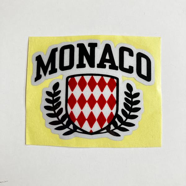 モナコ　ステッカー黄色い部分は台紙です。薄いグレーに黒と赤の印字です。6.5cm×8cm