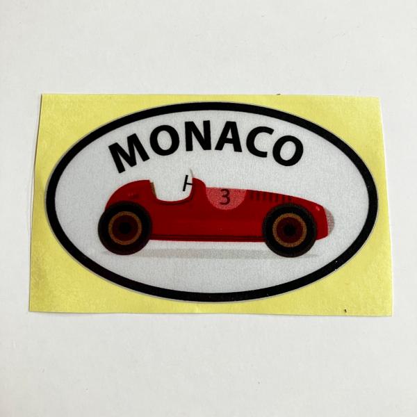 モナコ　ステッカー黄色い部分は台紙です。薄いグレーに黒と赤の印字です。5cm×8cm