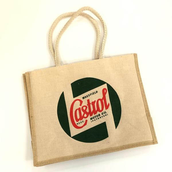 両面にCastrolマークのプリントです。約33cm×43cm×18cm素材：ジュート・コットンマチが広く、しっかりとした持ち手の、大容量のエコバックです。Tote Bag Castrol Motor Oil Jute Bag WAKEFI...