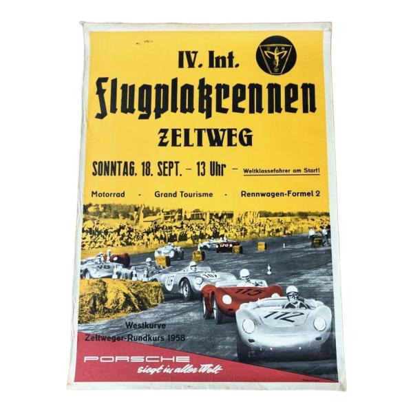 Westkurve　Zeltweger　RundkursGrand　TourismeRennwagen　Formel2Porsche Vintage Poster Car Race古いもので、汚れ・右上角にテープ付着、白い部分に色褪せあり。...