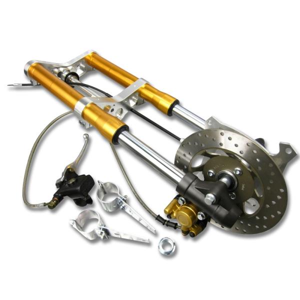■特徴ダックス用ディスク化フロント倒立サスペンションキットです。優れた剛性のインナーフォークφ33mmがセットです。高い制止能力の大口径ディスクローターφ220mmがセットです。シングルポットキャリパーのディスク化パーツがセットです。アルミ...