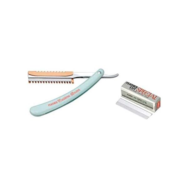 ●フェザー業務用ヘアカットレザーと専用替刃（10枚入り）のセットです。 ●取り外しできるコームガード付