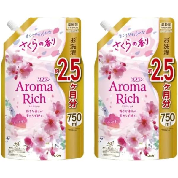 たっぷり使える、春限定のさくらの香り ソフラン アロマリッチ「さくらの香り」は、日本の春をイメージしたやさしく華やかなフローラルの香り。 2本セットだから、毎日の洗濯でたっぷり楽しめます。  動くたびに香る“アロマカプセル”配合 衣類が動く...