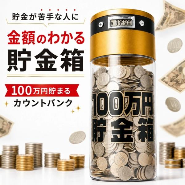 貯まった金額が実感できるBIGサイズの貯金箱。■100万円貯められるBIGサイズの貯金箱高さ約33cm。500円玉2000枚で100万円貯められる貯金箱。■合計金額自動計算投入したお金の合計金額を自動で計算。7桁まで表示します。■全硬貨対応...