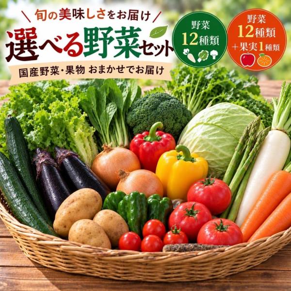 【内容量】・旬の野菜 おまかせ12種類※1種類あたりの数量・重量は野菜の種類・大きさによって異なります。・旬の野菜 おまかせ12種類＋果実1種類野菜12種類に、その時季におすすめの果実1種類をプラスしたセットです。※野菜・果実の種類をご指定...